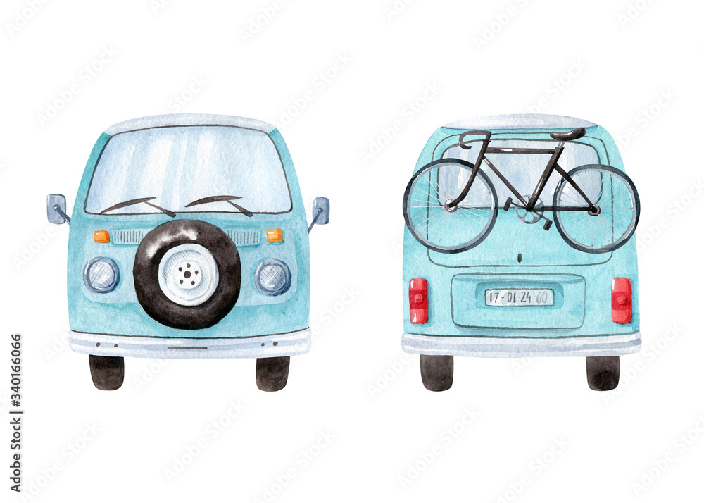Vintage blue minivan isolated on white background, front view with ...
