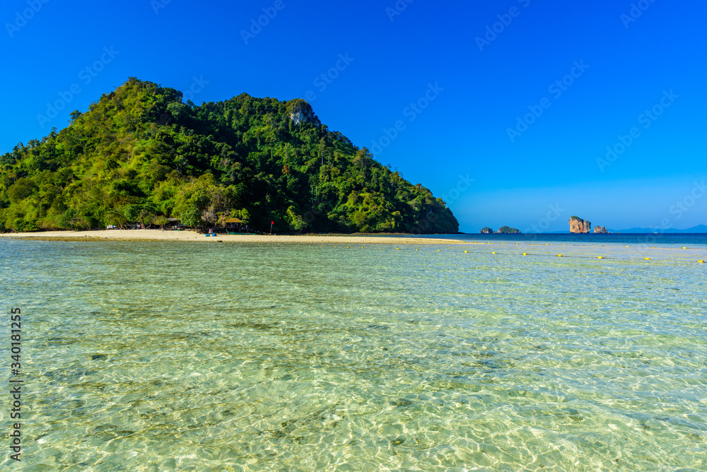 View to Chicken island. Paradise beach at island Koh Kai, Koh Tup & Koh Mor. Andaman sea, Krabi ...