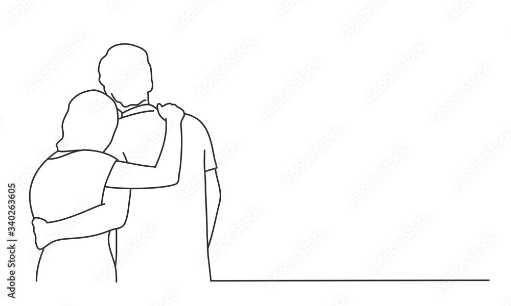 Line drawing vector illustration of couple hugging. Rear view. Stock ...