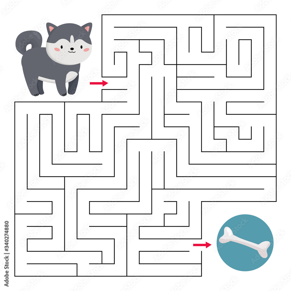 Maze game for children. Cute kawaii husky dog find right way to bone ...