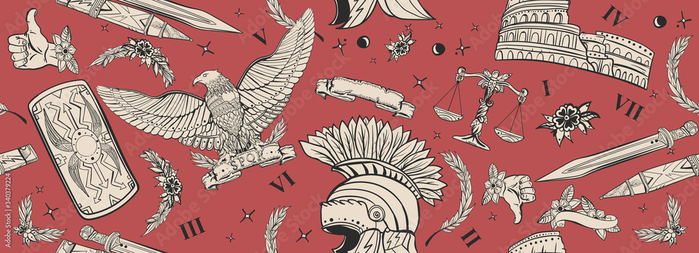 Ancient Rome seamless pattern. Old school tattoo style. Roman eagle ...