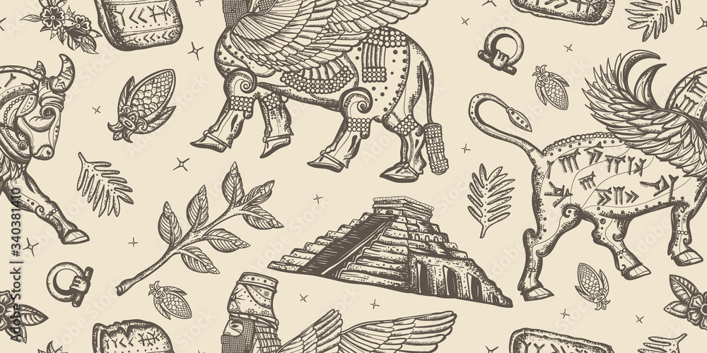 Ancient Sumerian Civilization. Vintage seamless pattern. Mesopotamian ...