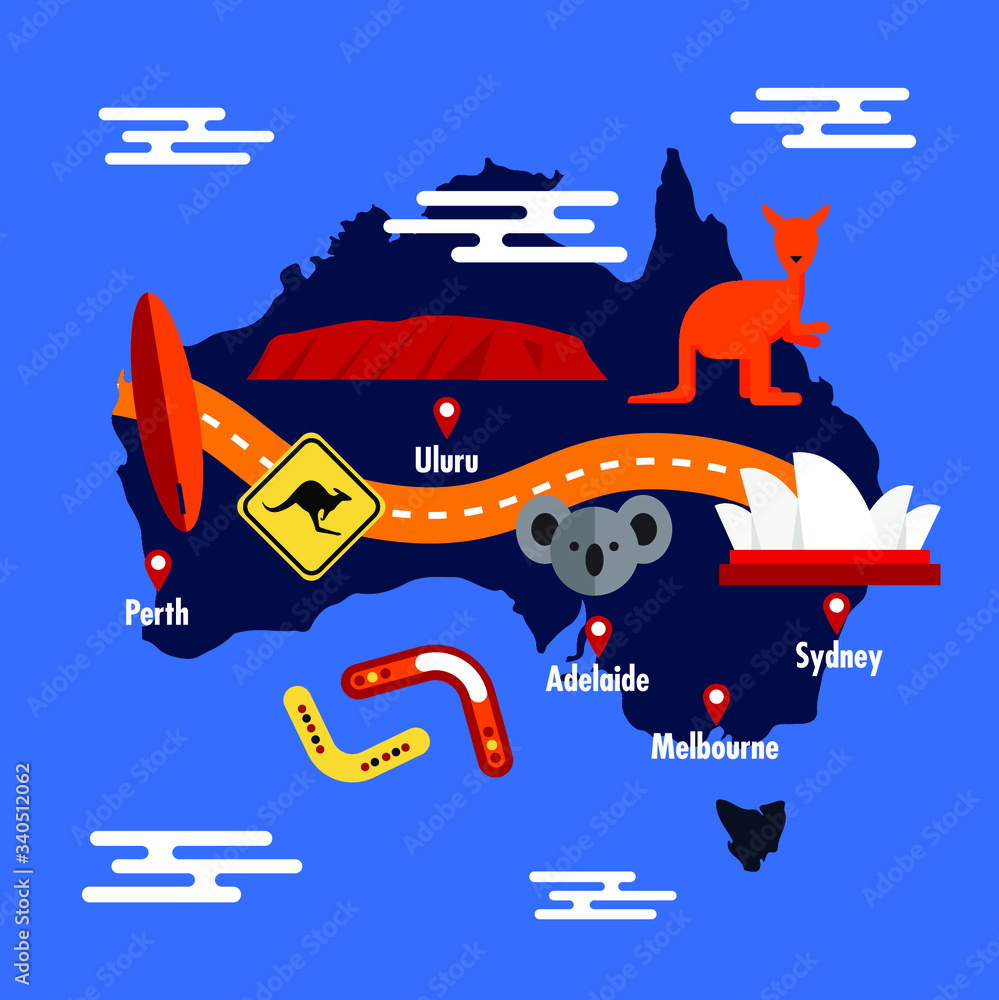 Mapa Australii z rozpoznawalnymi symbolami Australii i miastami ...