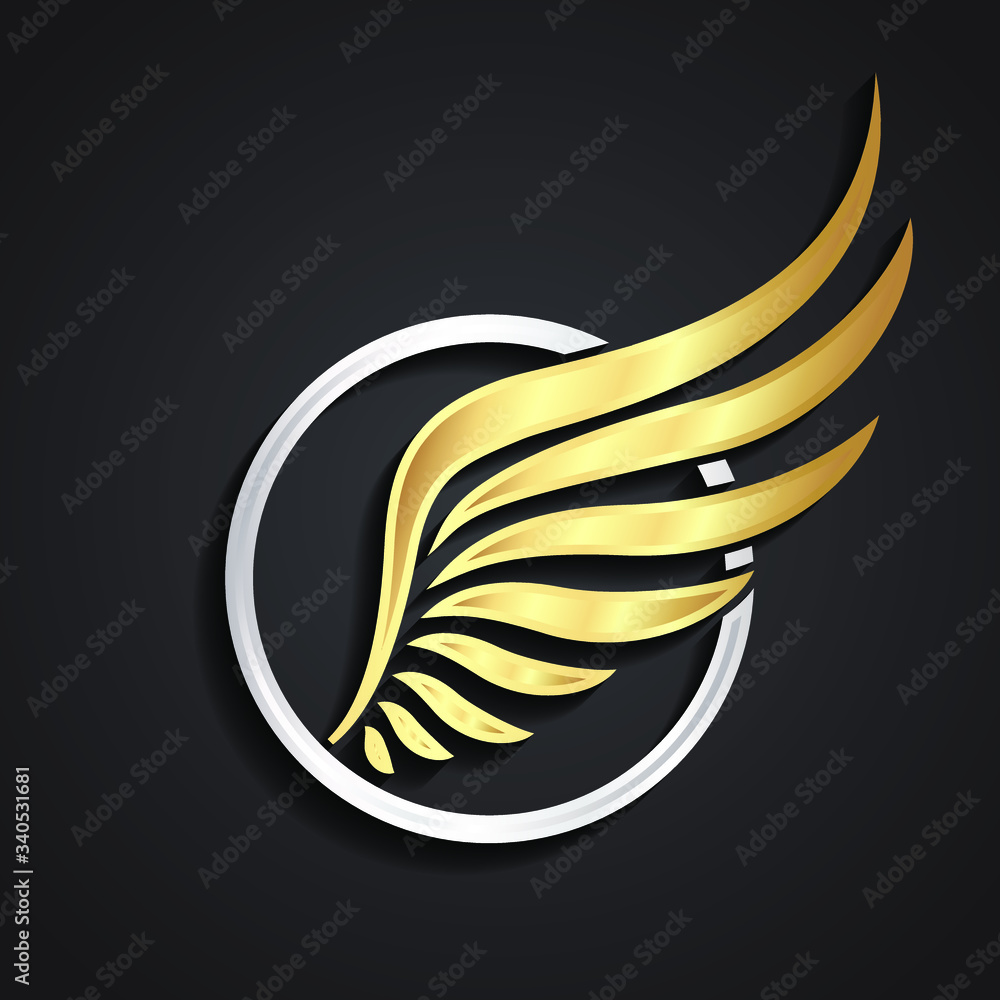 3d golden wing logo in silver circle Stock Vector | Adobe Stock
