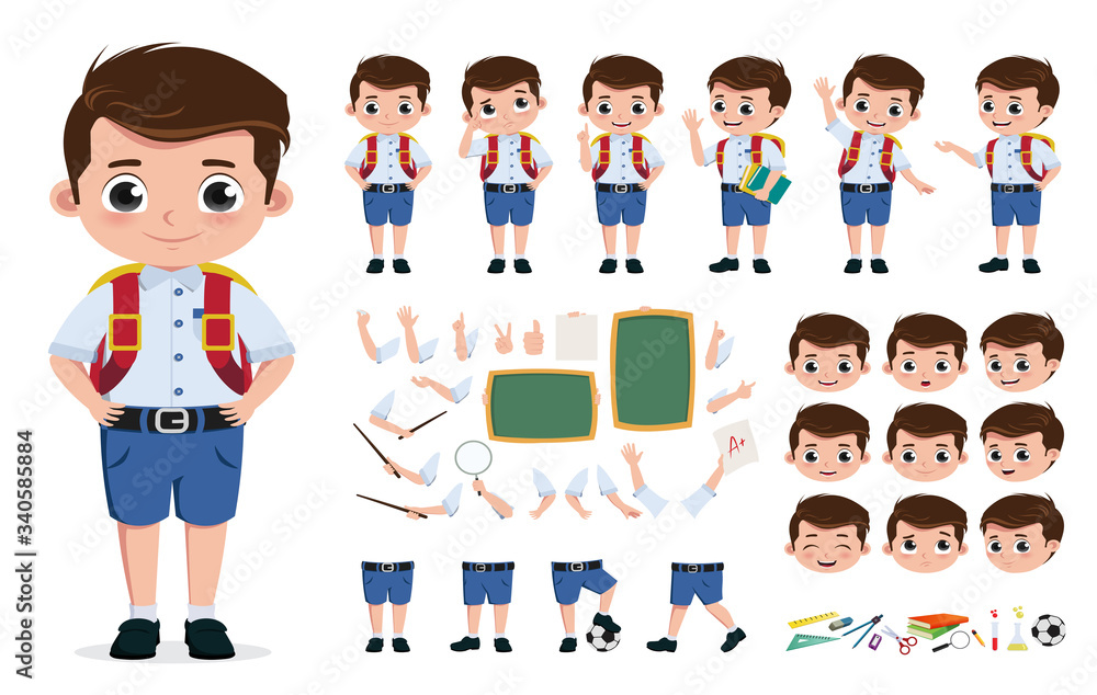 School boy character creation, kit vector set. Back to school pre ...
