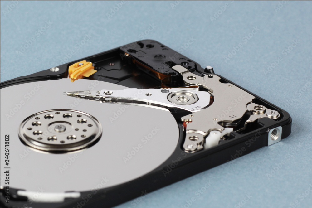 Elements of the inside of a computer hard drive. Side view. Blue ...