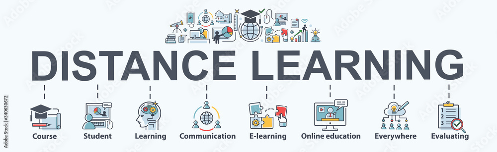 Distance learning banner web icon for self development, course, teacher ...