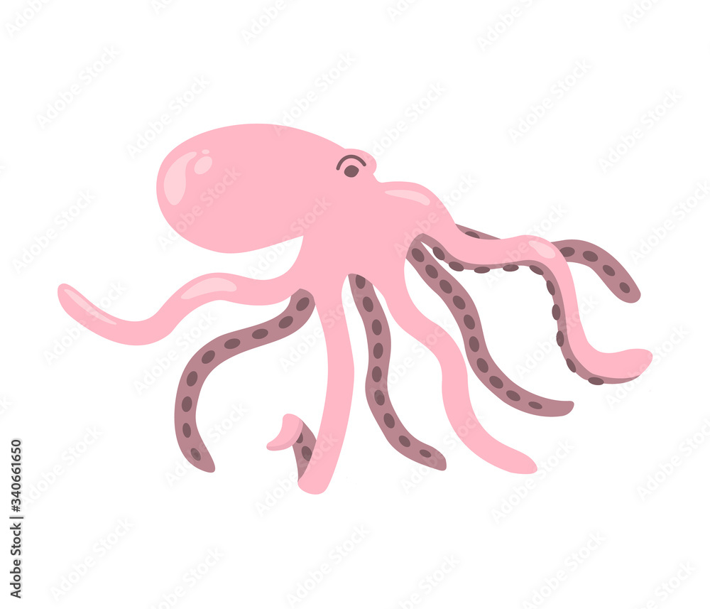 Pink octopus vector icon. Mammal, ocean creatures. Sea animals. Cartoon ...