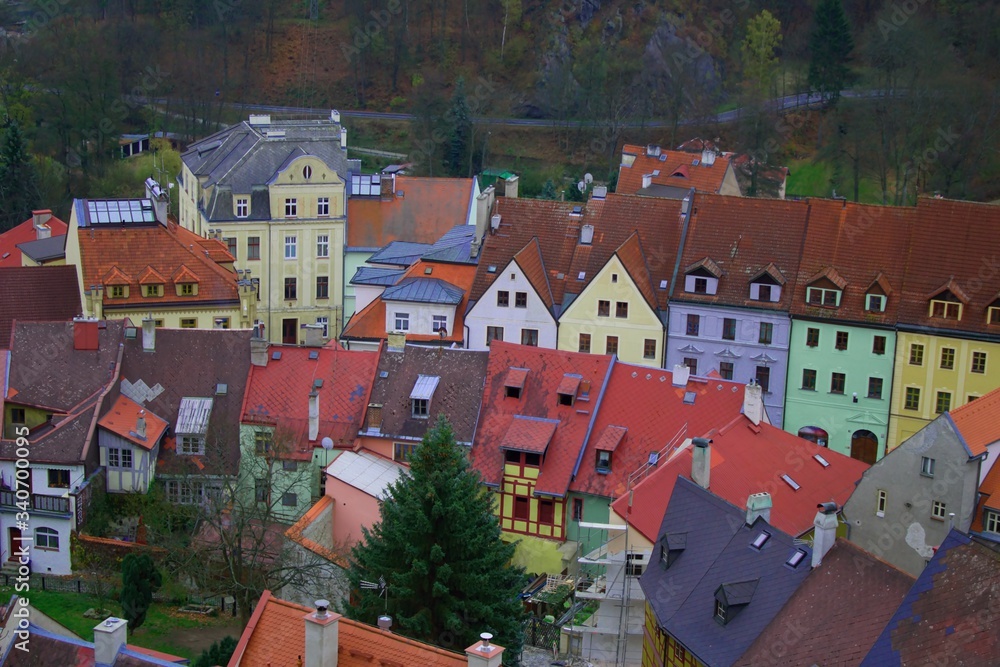 Roofs of colored houses in Loket town. A bird`s eye view of the ...