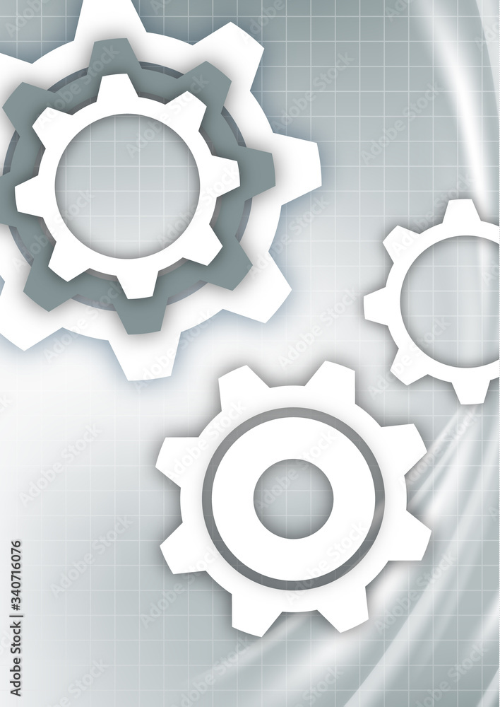 White abstract gears on a gray background with technical grid, light ...