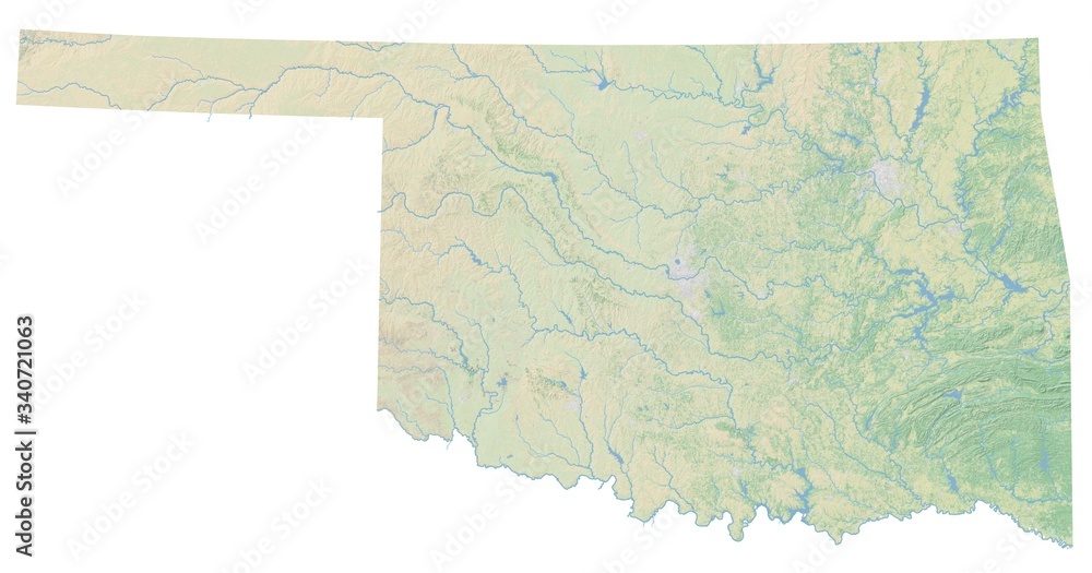 High resolution topographic map of Oklahoma with land cover, rivers and ...