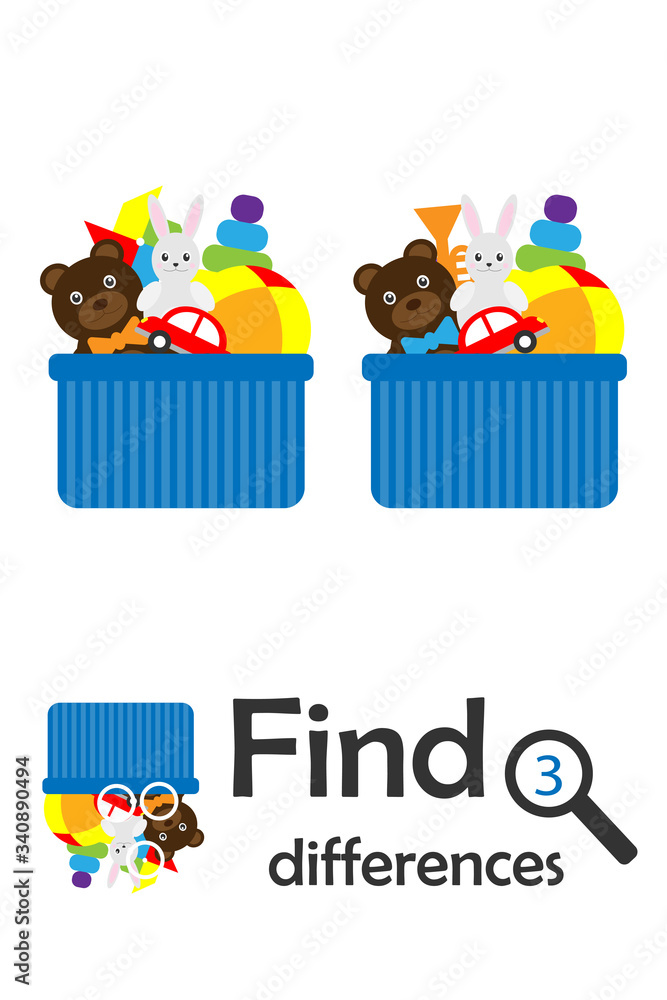 Find 3 differences, game for children, box with toys in cartoon style ...