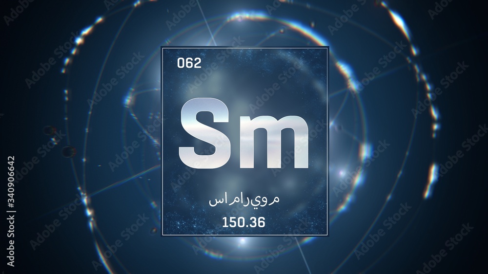 3D illustration of Samarium as Element 62 of the Periodic Table. Blue ...
