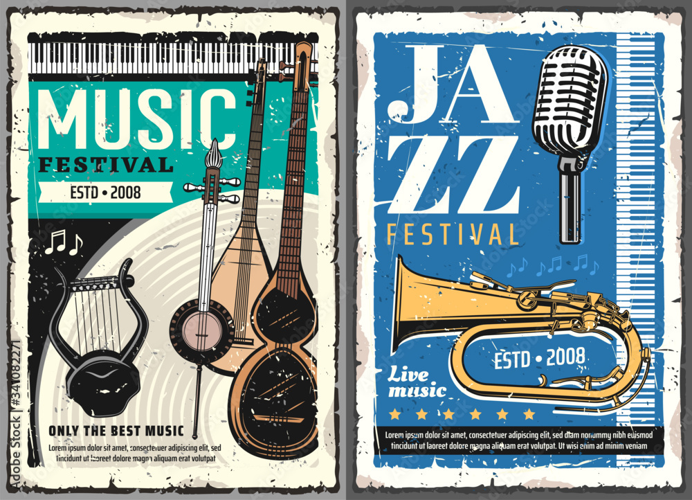 Musical festival of jazz and folk music grunge posters. Vector musical ...