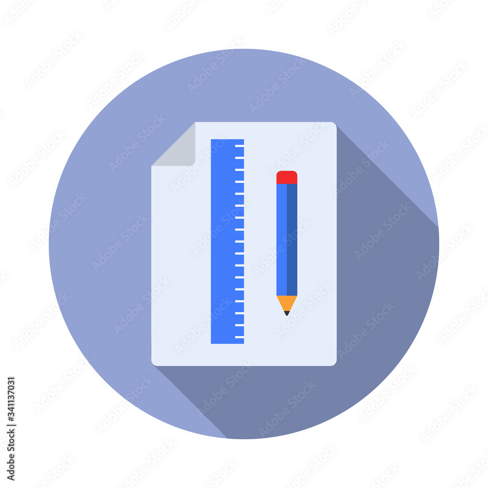 pencil, ruler and paper colored long shadow icon. Simple color vector ...