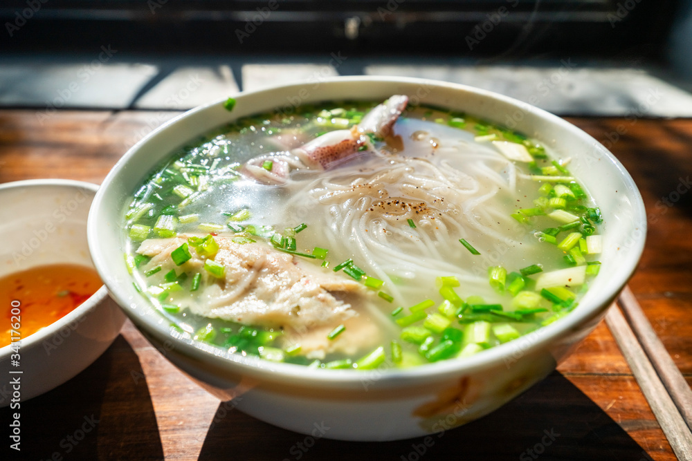Bun Quay Vietnamese food or Quay rice noodle on wood background, famous ...