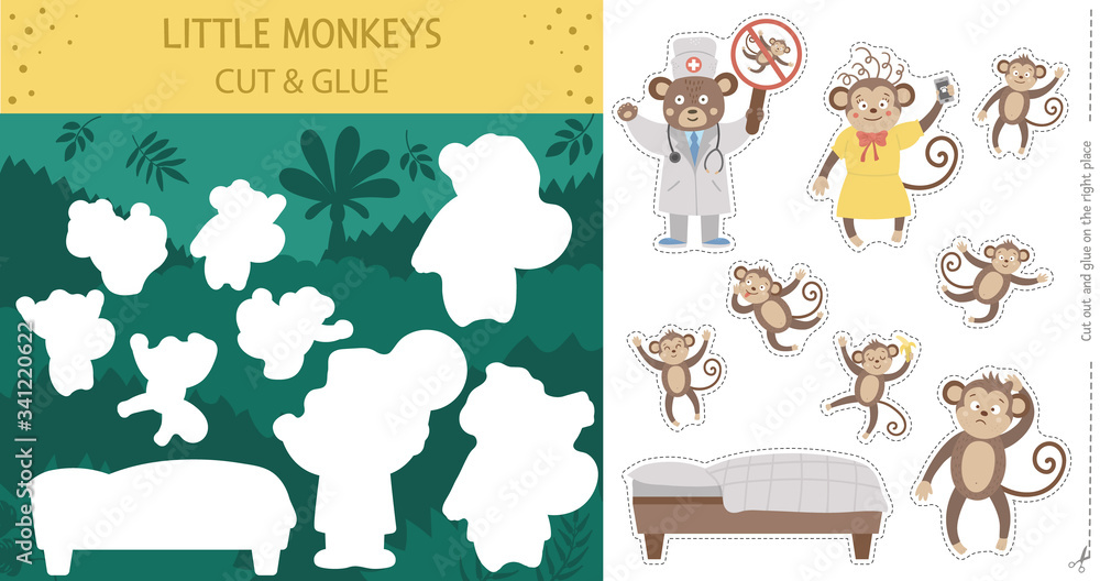 Vector summer cut and glue activity with five little monkeys. Tropical educational nursery rhyme ...