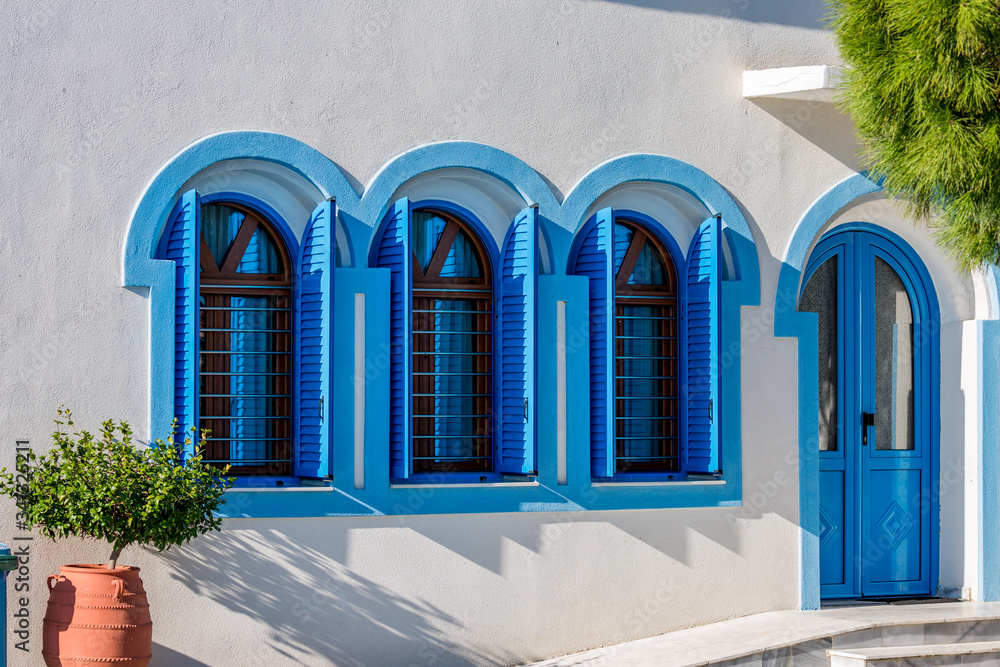 Blue beautiful Greek style windows and door at monastery of St ...