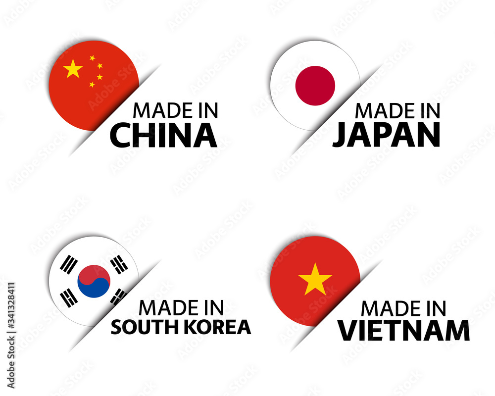 Set of four Chinese, Japanese, Korean and Vietnamese stickers. Made in ...