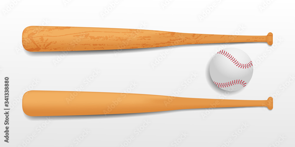 Baseball ball and realistic 3d wooden bat isolated on white background ...