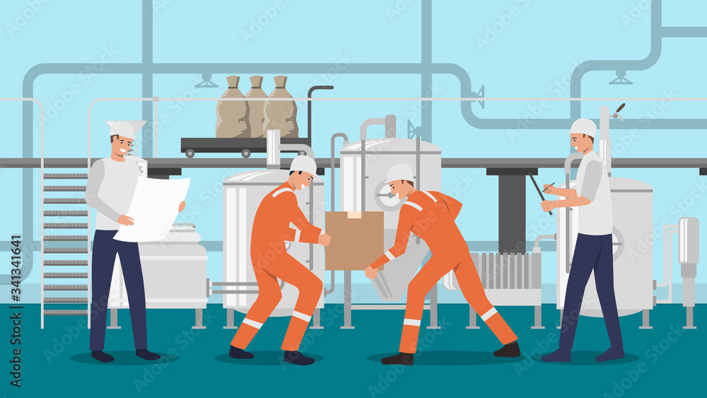 Vektor Flat industrial horizontal banners with employees working inside ...