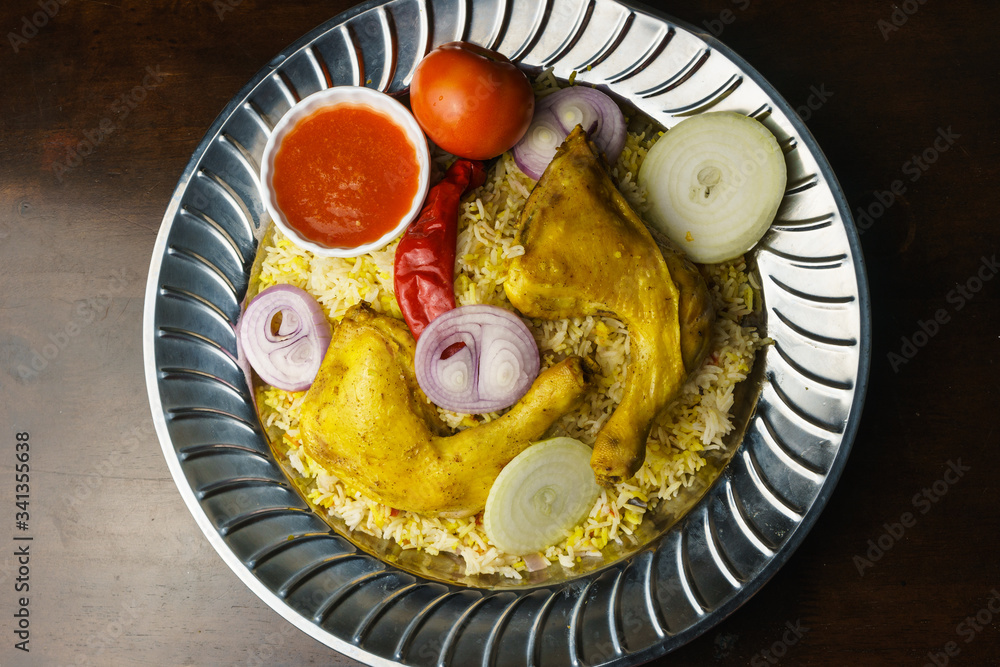 arabic chicken mandi rice on wooden dine table. top view Stock Photo ...