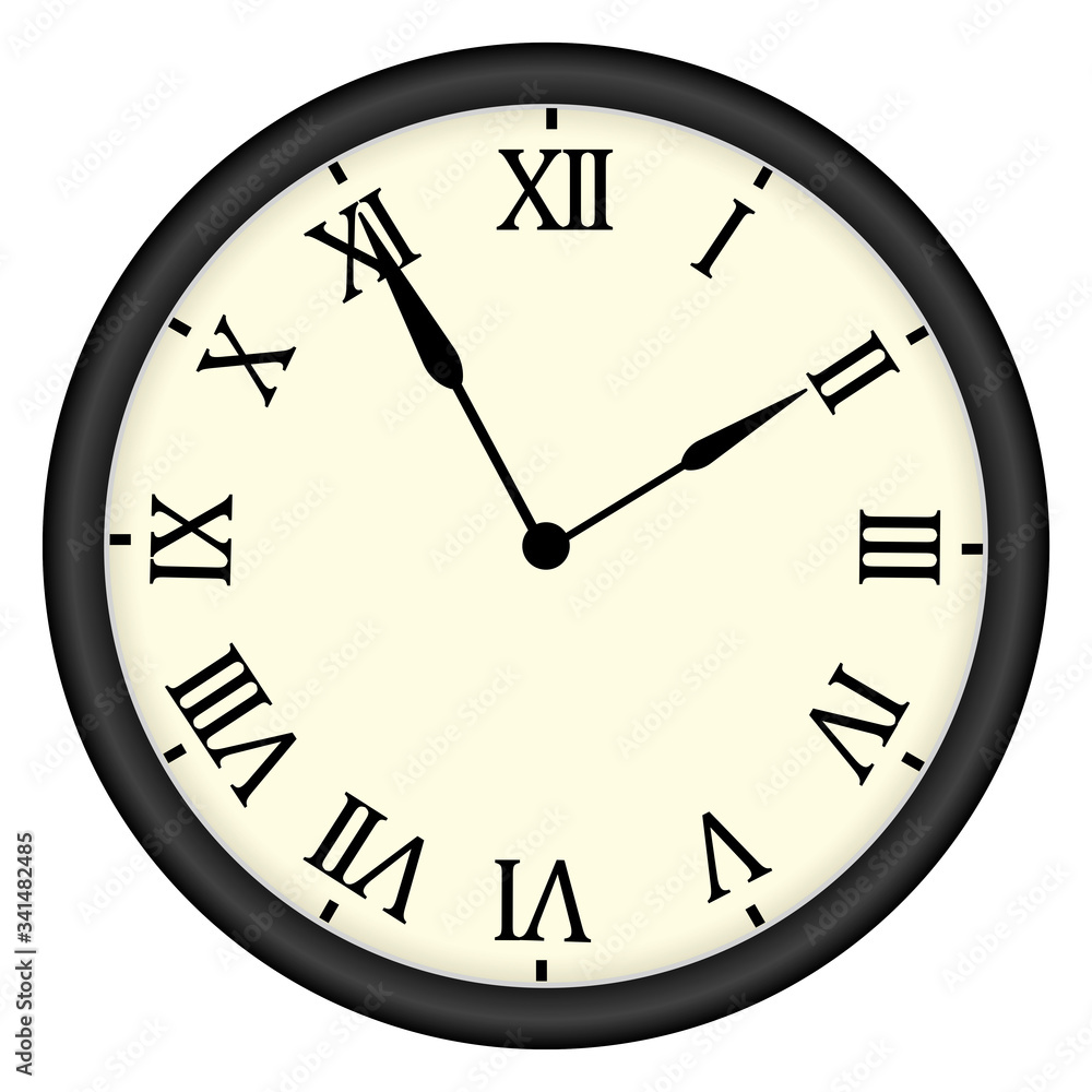 Ivory-white wall clock with a black rim, with Roman numerals showing ...