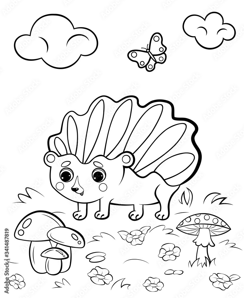 Coloring page outline of cute cartoon hedgehog with mushrooms. Vector ...