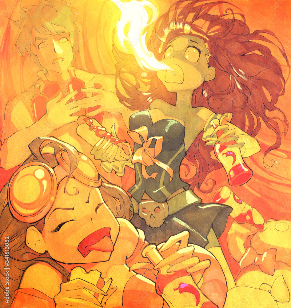 Original cartoon illustration with funny anime characters tasting hot ...
