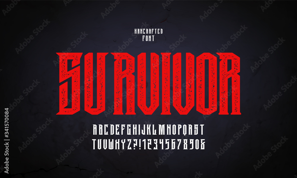 Vintage handmade, worn font and alphabet. A Gothic-style font on a dark ...