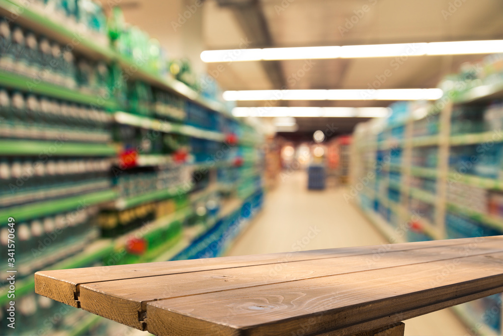 Supermarket background, Counter over blur grocery background, Wooden ...