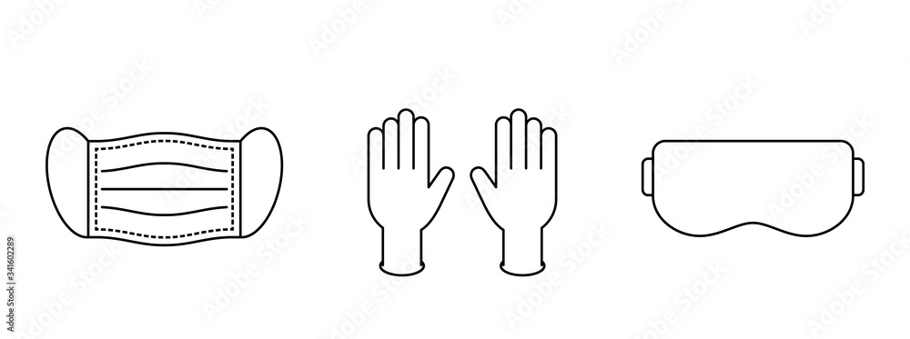 Protective mask, gloves and glasses line icon set. Medical personal ...