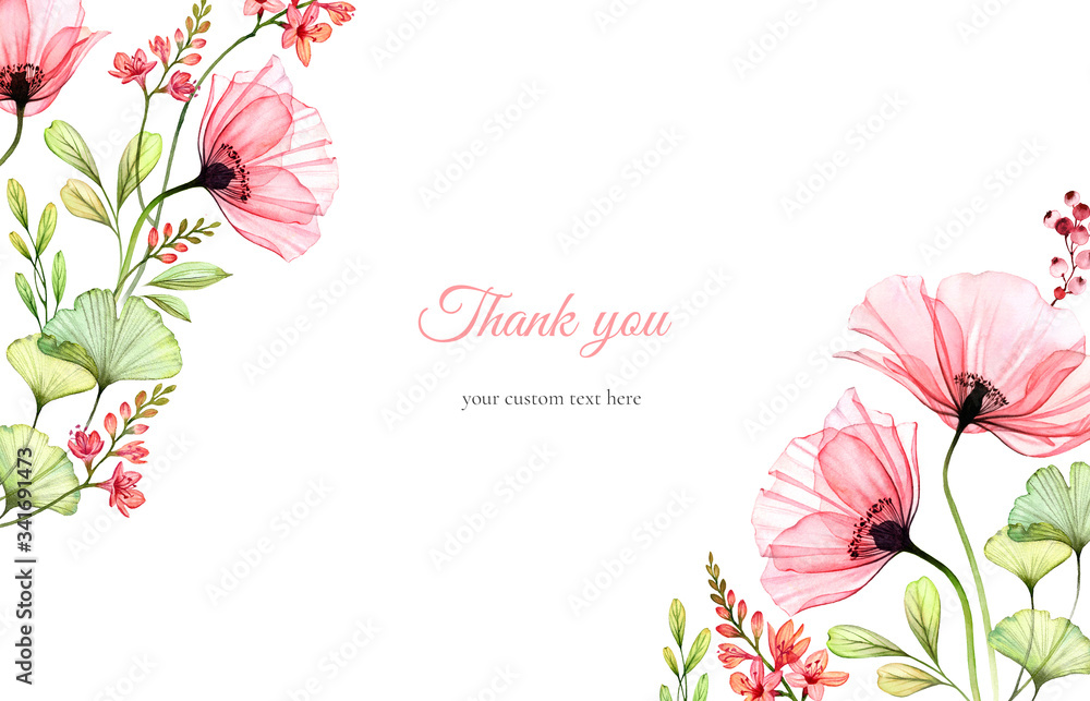 Watercolor floral background. Thank you Card template with text ...