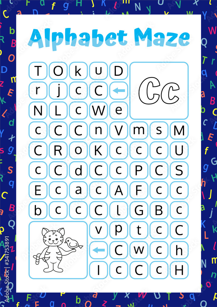 Alphabet Maze. Letter C - Cat with Canary. Educational Puzzle Worksheet ...