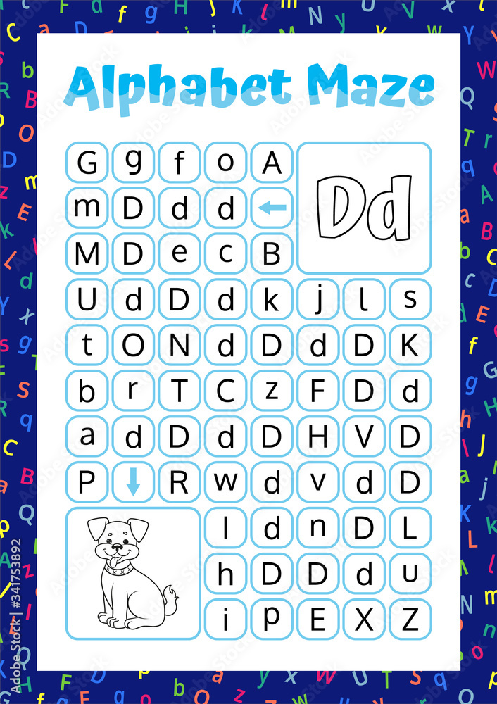 Alphabet Maze. Educational Puzzle Worksheet. Letter D - Dog. Vector ...