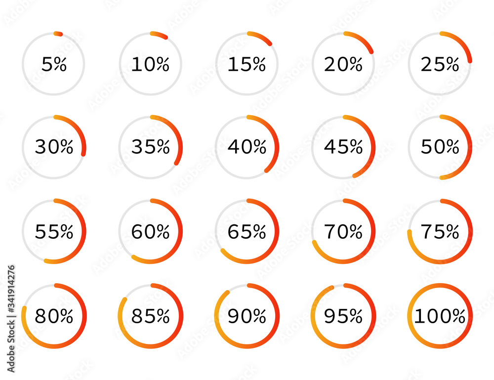 Loading circle set. Progress bar indicator from 5 to 100 percent. Round ...