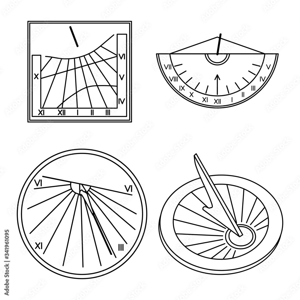 Sundial icon set. Sun clock. Outline of antique sundial. Hand drawn ...