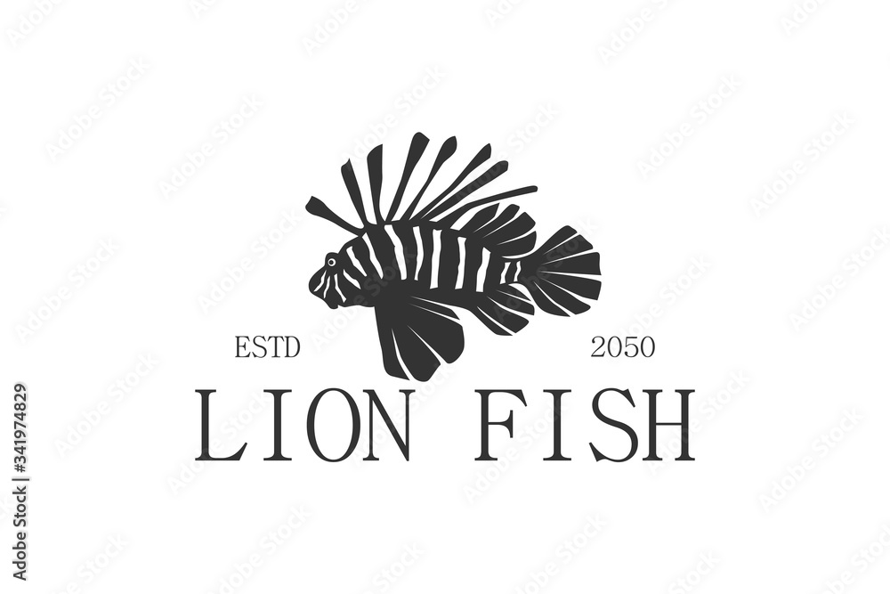 Lion fish silhouette underwater life logo design scuba diving resort ...