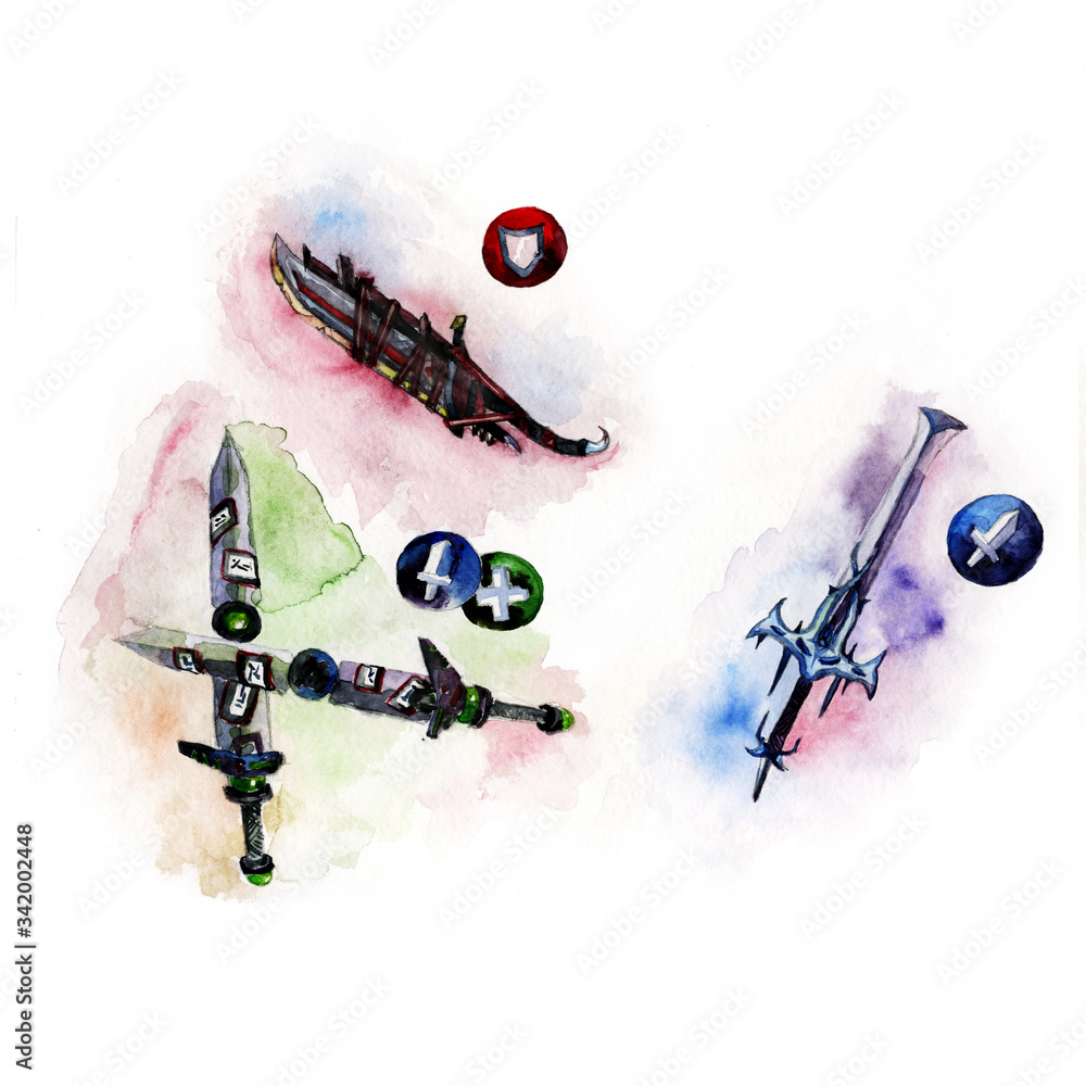 watercolor drawing swords and daggers isolated at white background ...