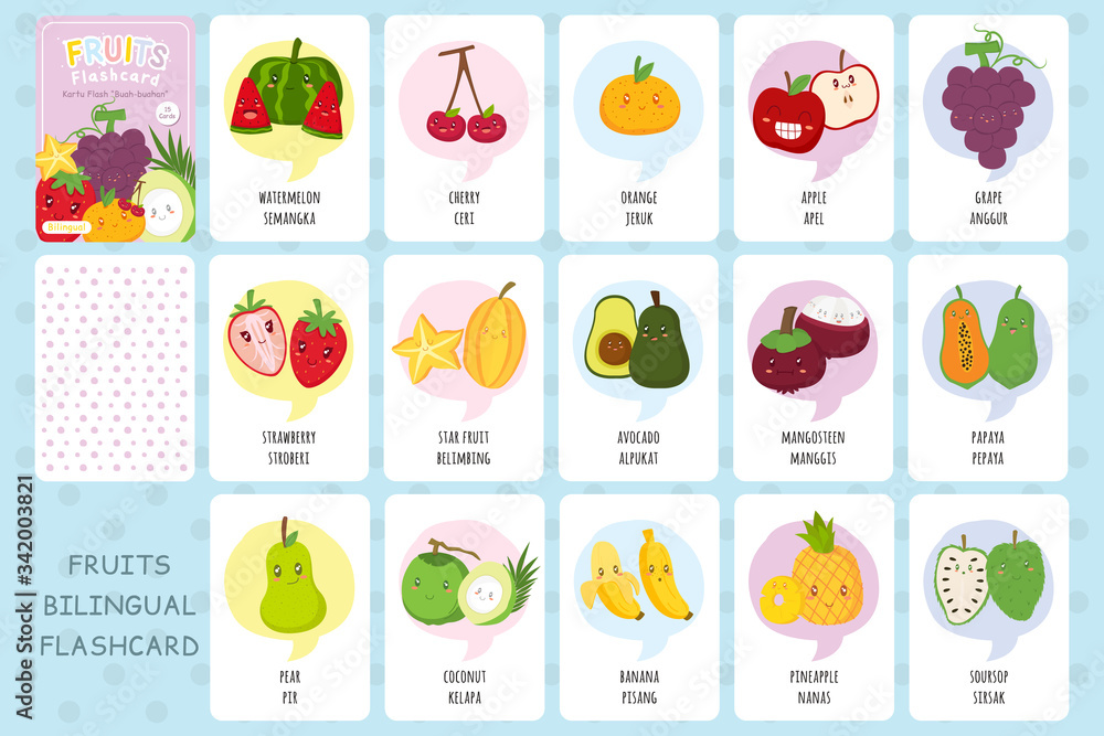 Cute tropical fruits flashcards, bilingual English Indonesian language ...