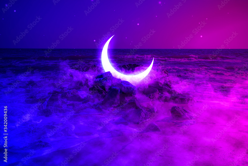 Glowing neon moon on a beach with smoke. Futuristic, mysterious stock ...