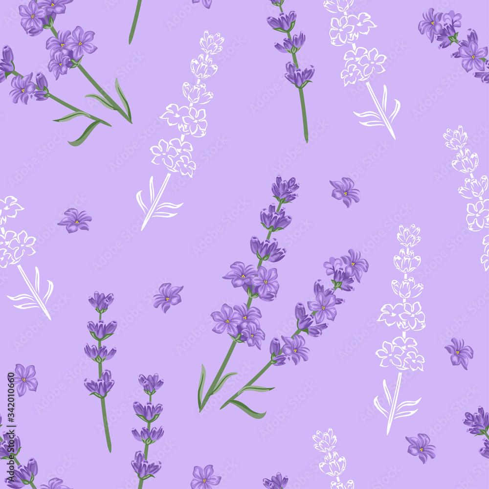 Lavender flowers seamless pattern. Vector cartoon color illustration of ...