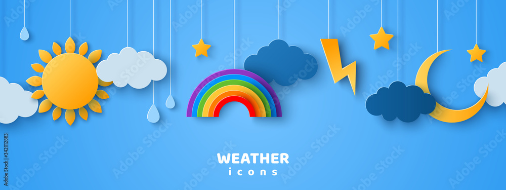Set of cartoon paper cut weather icons on blue sky background. Vector ...