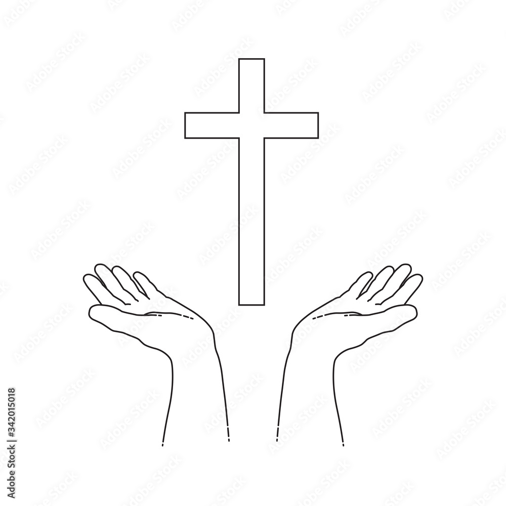 Praying open hands with cross isolated on white background. Line design ...