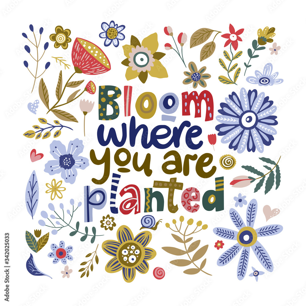Floral color vector lettering card in a flat style. Ornate flower ...