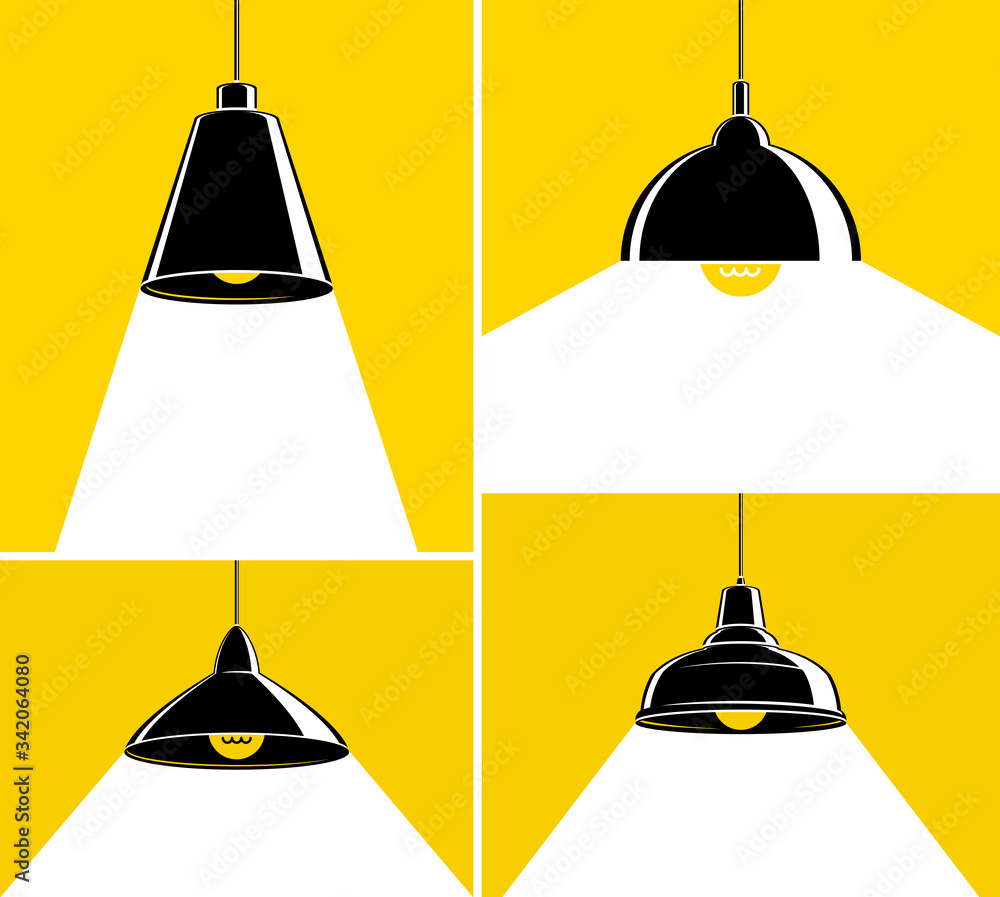 Lamp illumination vector advertising poster illustrations set, flat ...