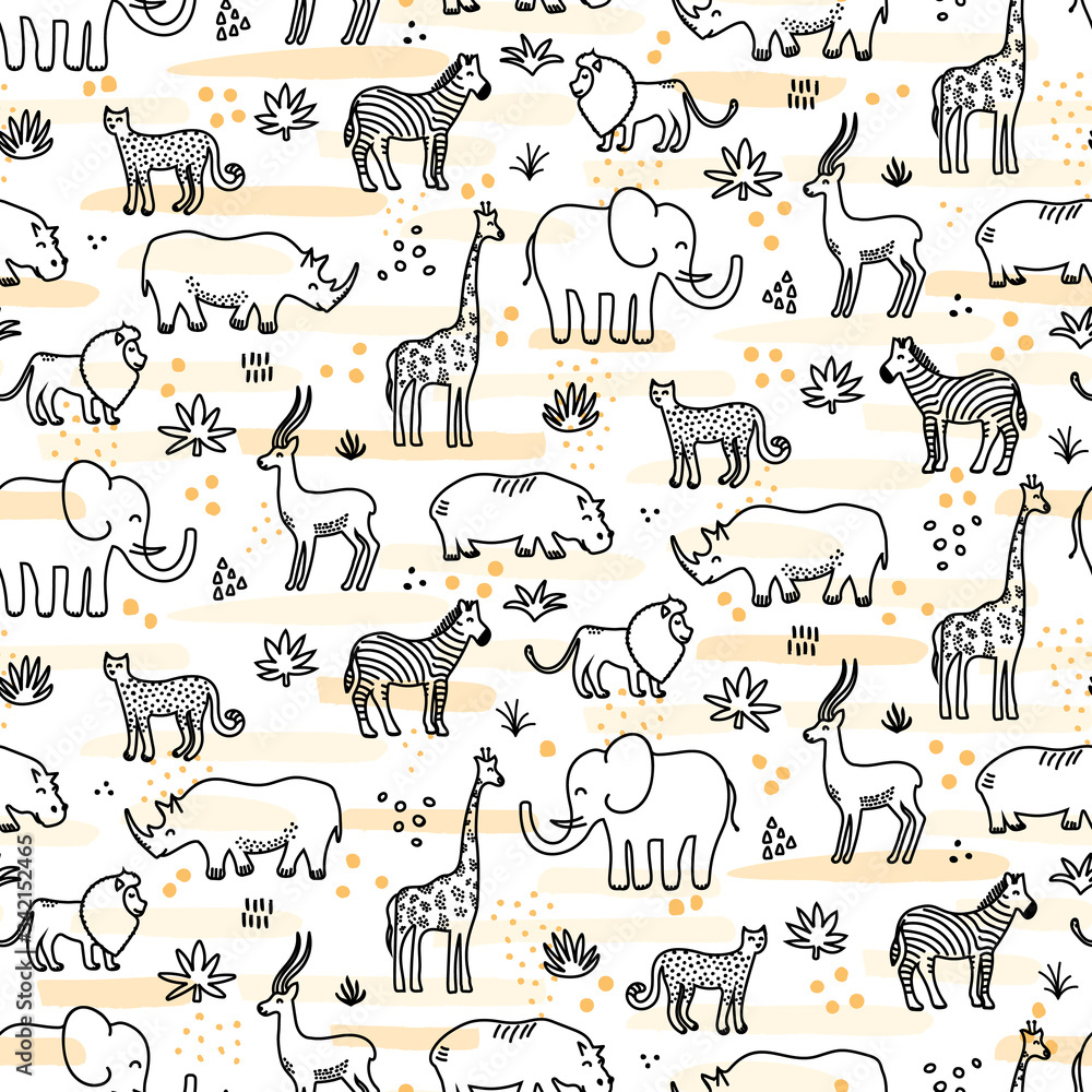 Cute seamless pattern with line art style African wild animals ...