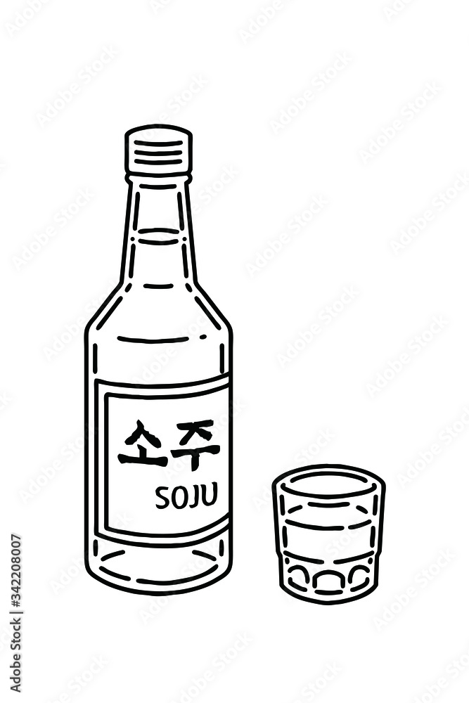 Vector line illustration of 'Soju' with a soju glass. soju is a clear ...