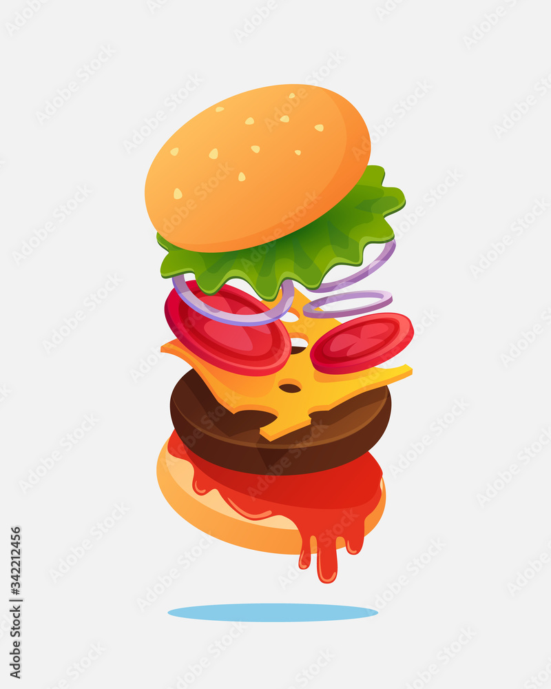 Vetor Flying burger, exploded hamburger with refreshing ingredients ...