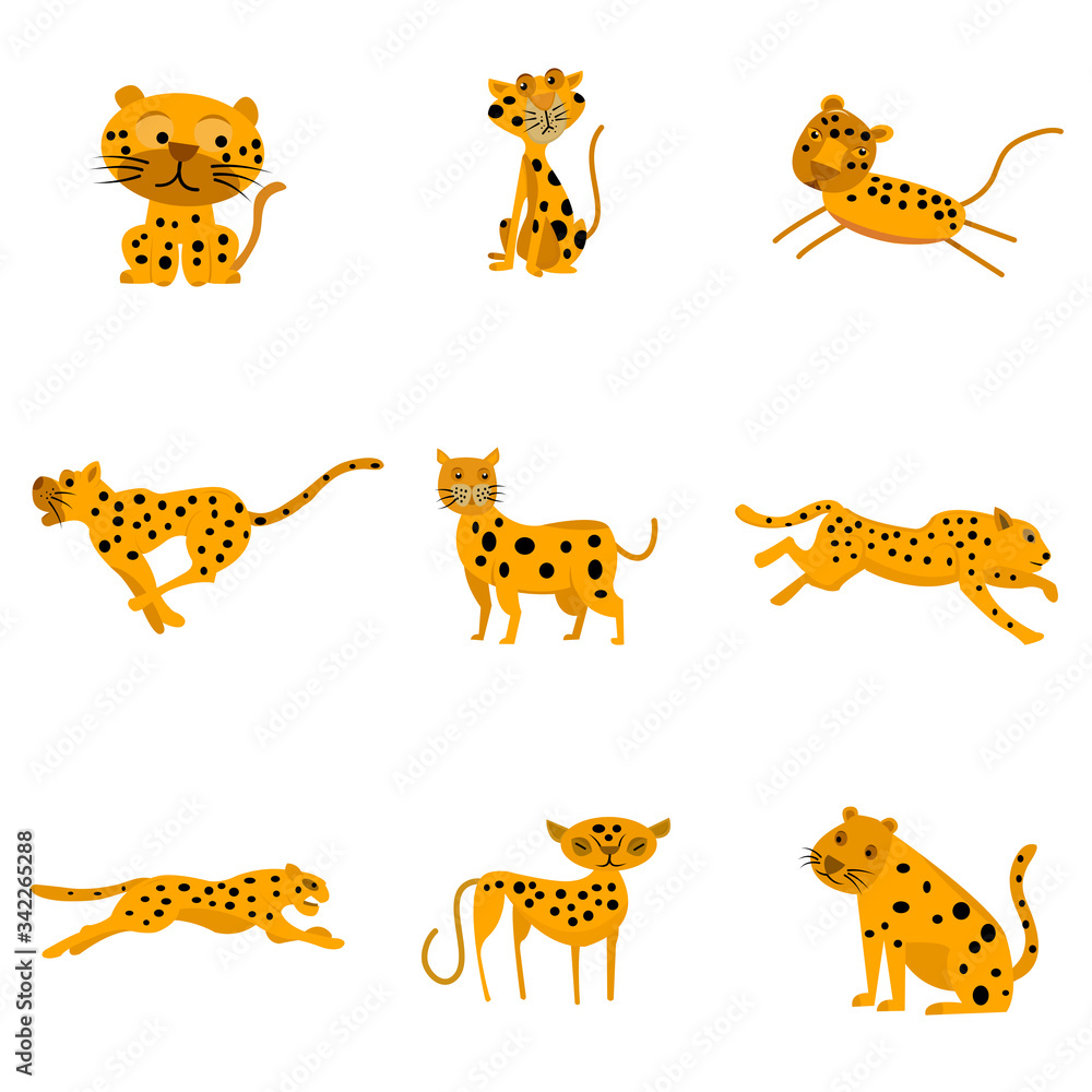 Cute cheetah cartoon set isolated on white background elements. Stock ...